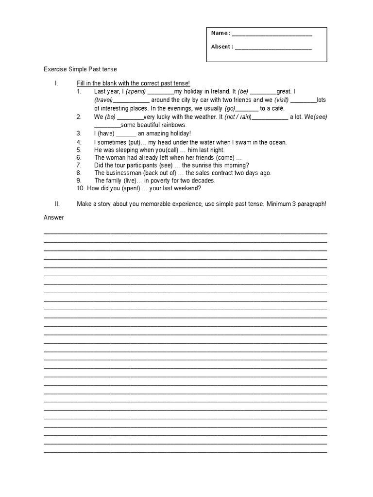 Exercise Simple Past Tense PDF | PDF