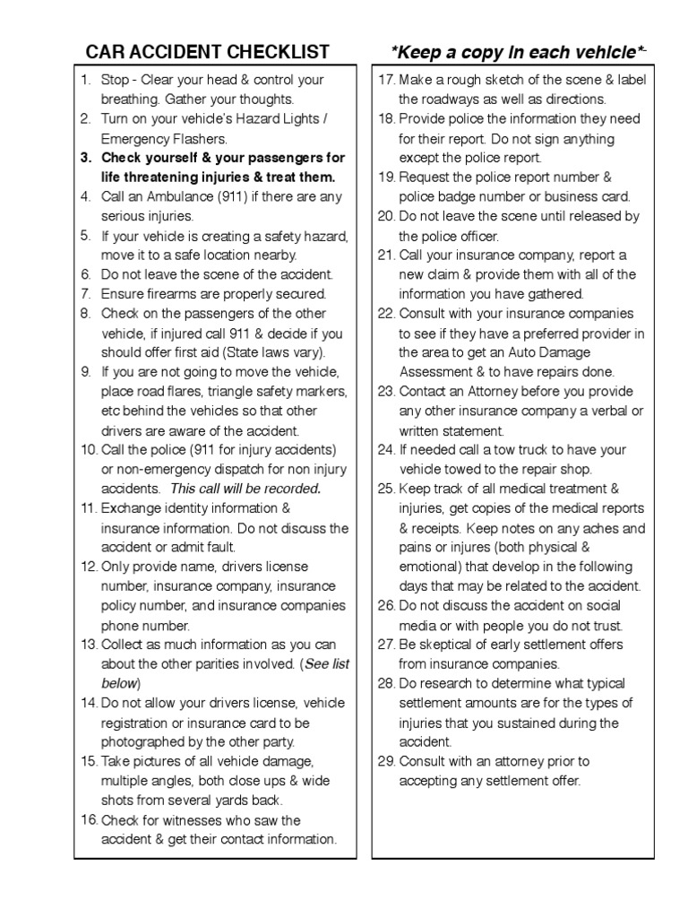 Car Accident Checklist-1 | PDF | Traffic Collision | Vehicles