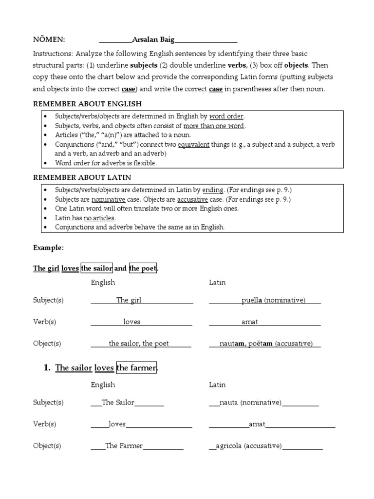 LNM 1 Worksheet 2 - Nominative and Accusative Cases | PDF | Subject ...