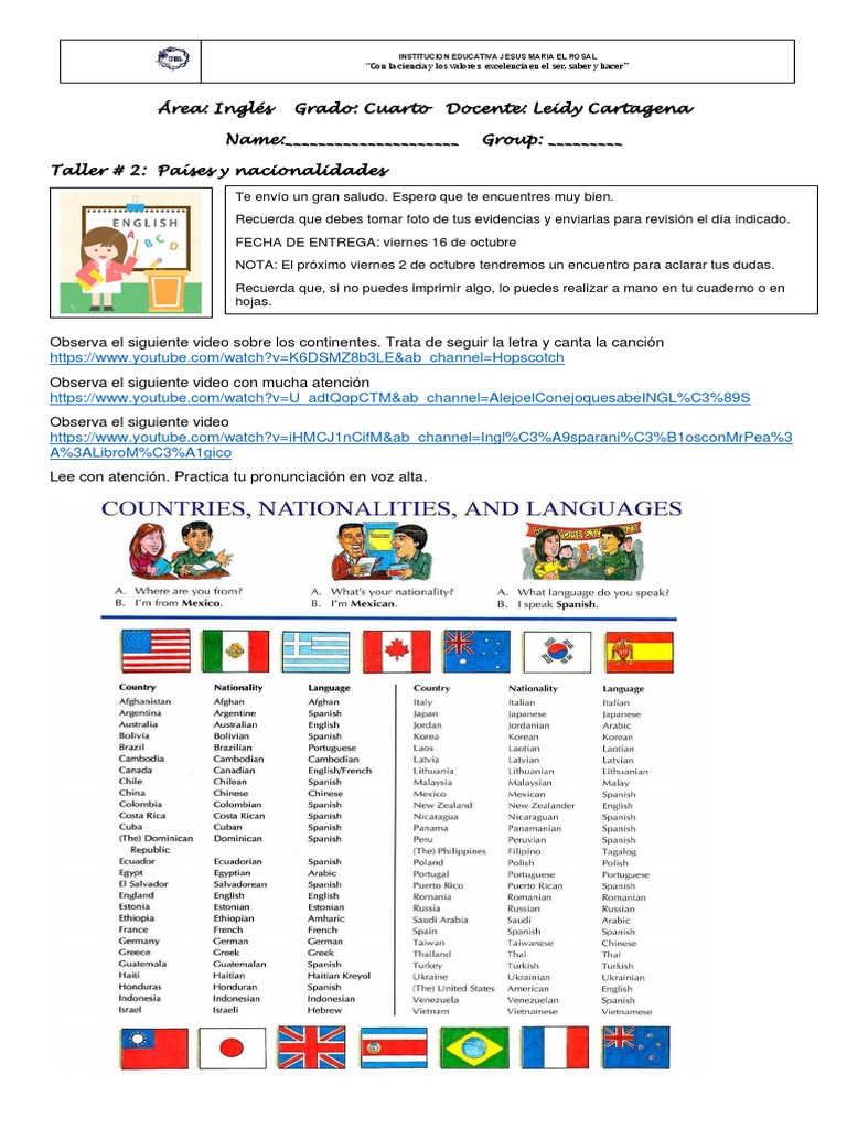 Cuarto Taller 2 Paises y Nacionalidades PDF | PDF | Idiomas