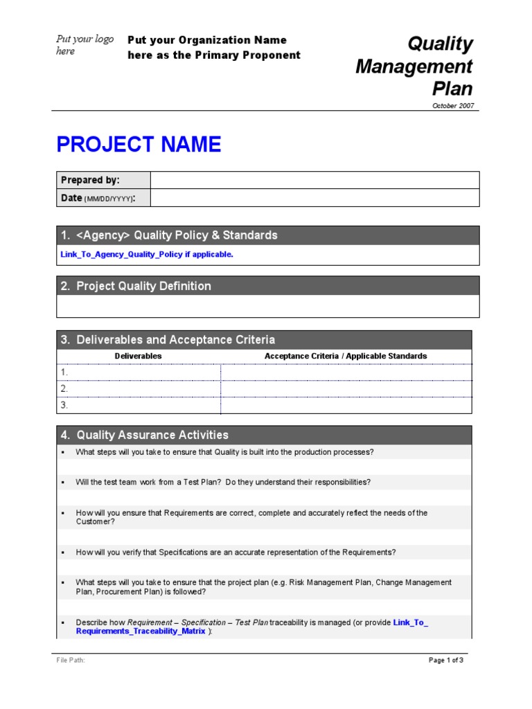 2.1 Quality Management Plan Template Simple | PDF | Specification ...