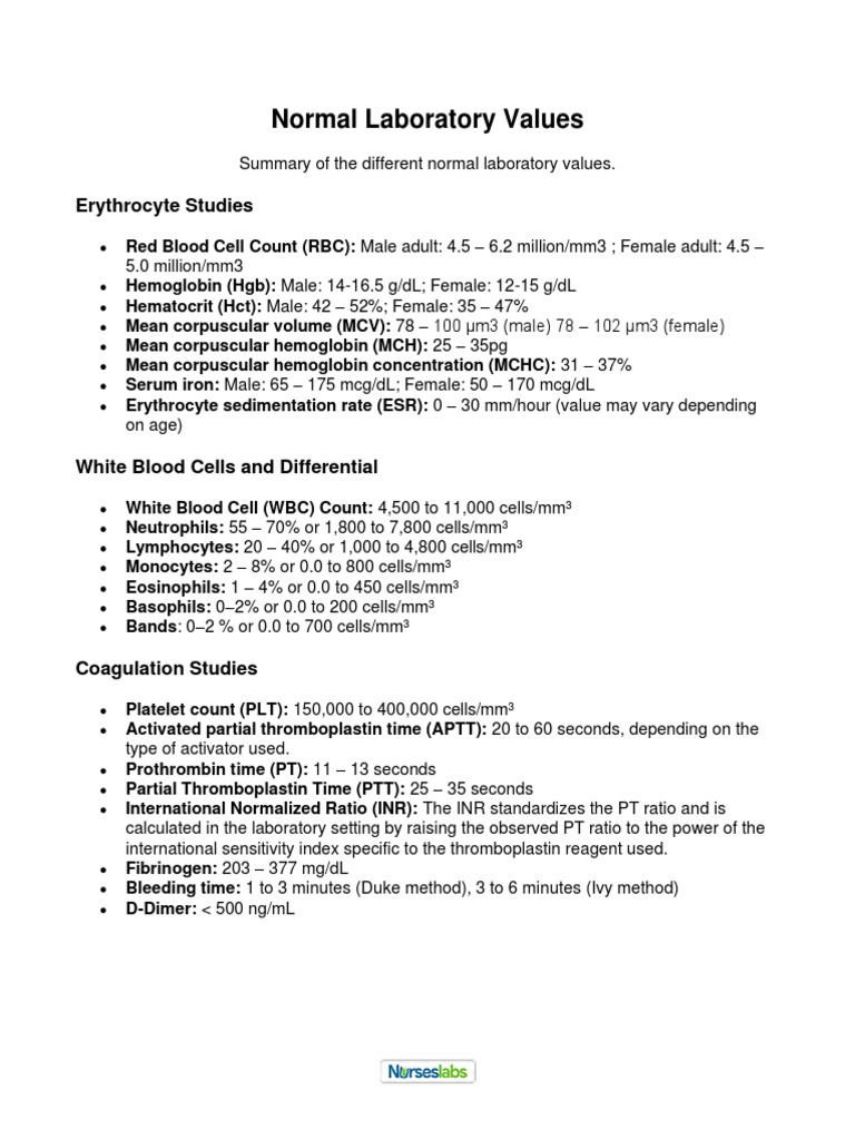 Nurseslabs Normal Lab Values 1.2 PDF | PDF | Magnesium | White Blood Cell