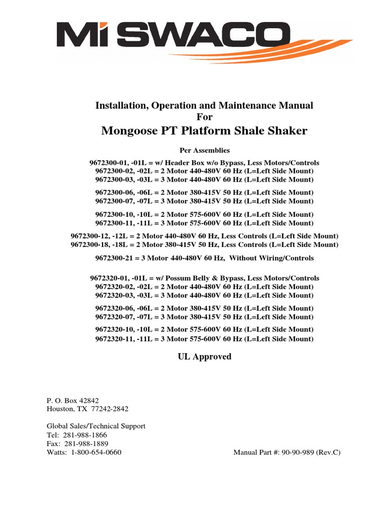 Mi Swaco - Mongoose PT Platform Shale Shaker PDF | PDF | Safety | Drilling