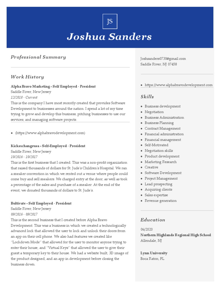 Joshua Sanders: Professional Summary | PDF | Business | Software