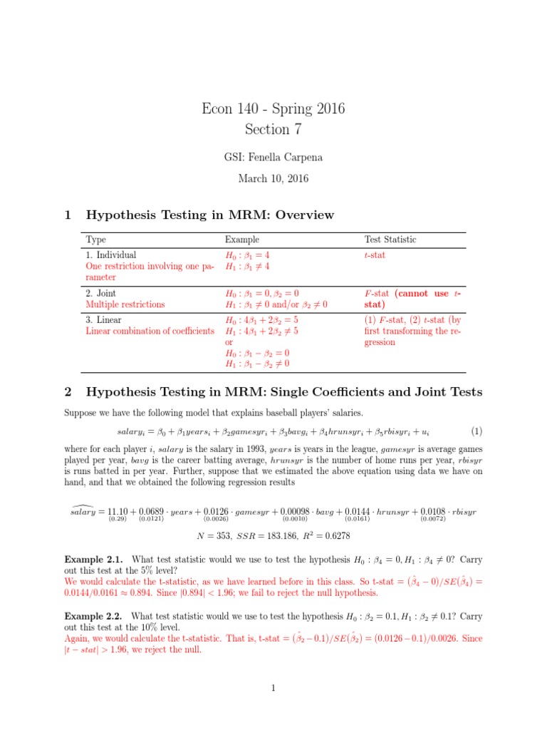 Econ140 Spring2016 Section07 Handout Solutions | PDF | Linear Regression | Coefficient Of ...