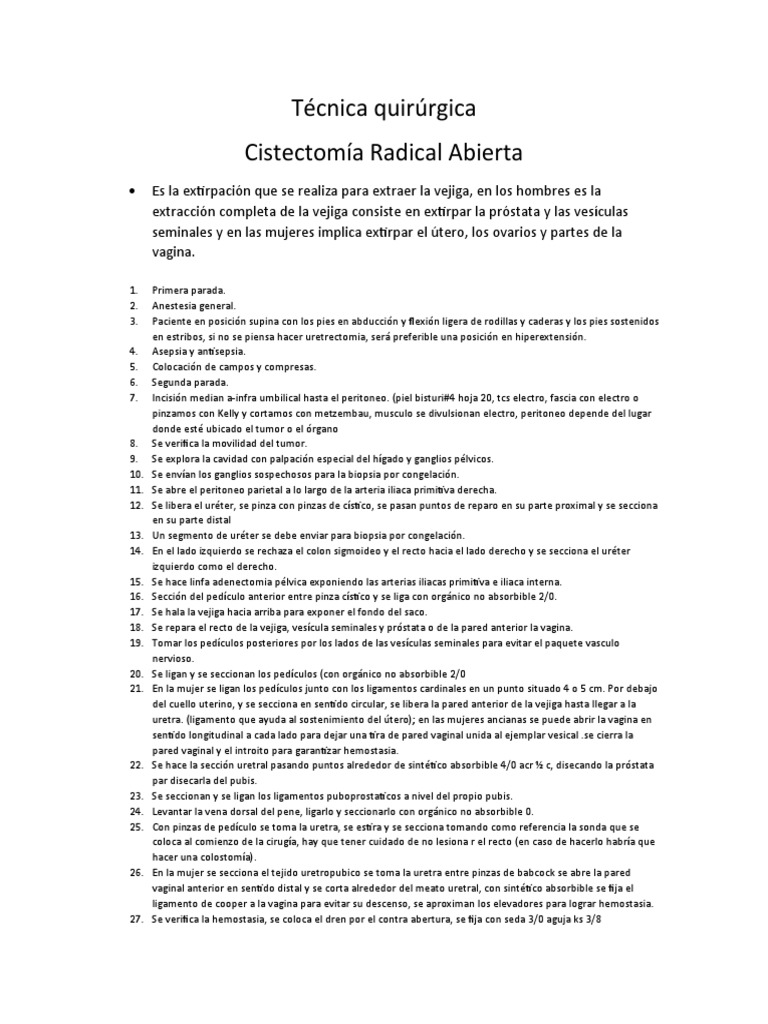 Cistectomía Radical Abierta Técnica | PDF | Vejiga urinaria | Vagina