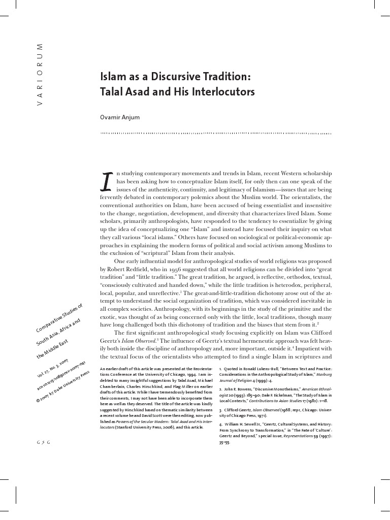 Anjum - Islam As Discursive Religion Talal Asad and His Interlocuters ...