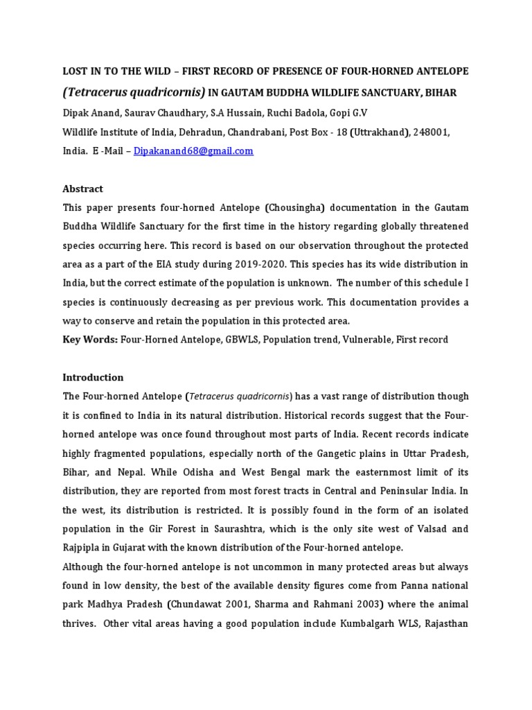 First record@Four-Horned Antelope | PDF | Tiger | Conservation