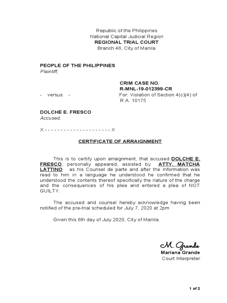 Arraignment - Sample Format | PDF