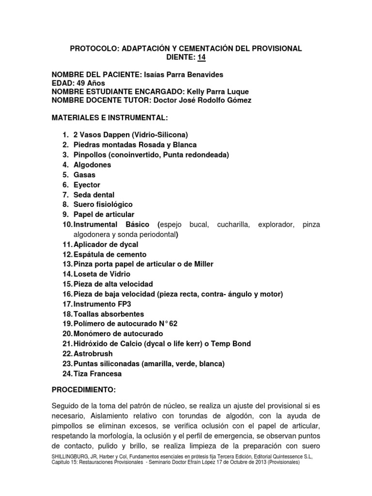 Protocolo de Adaptación y Cementacion Del Provisional PDF | PDF | Odontología | Boca