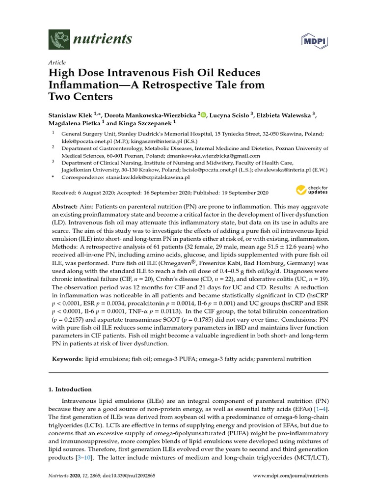 Nutrients: High Dose Intravenous Fish Oil Reduces Inflammation-A ...