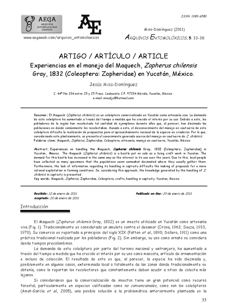Experiencias en El Manejo Del Maquech, Zopherus Chilensis Gray, 1832 ...