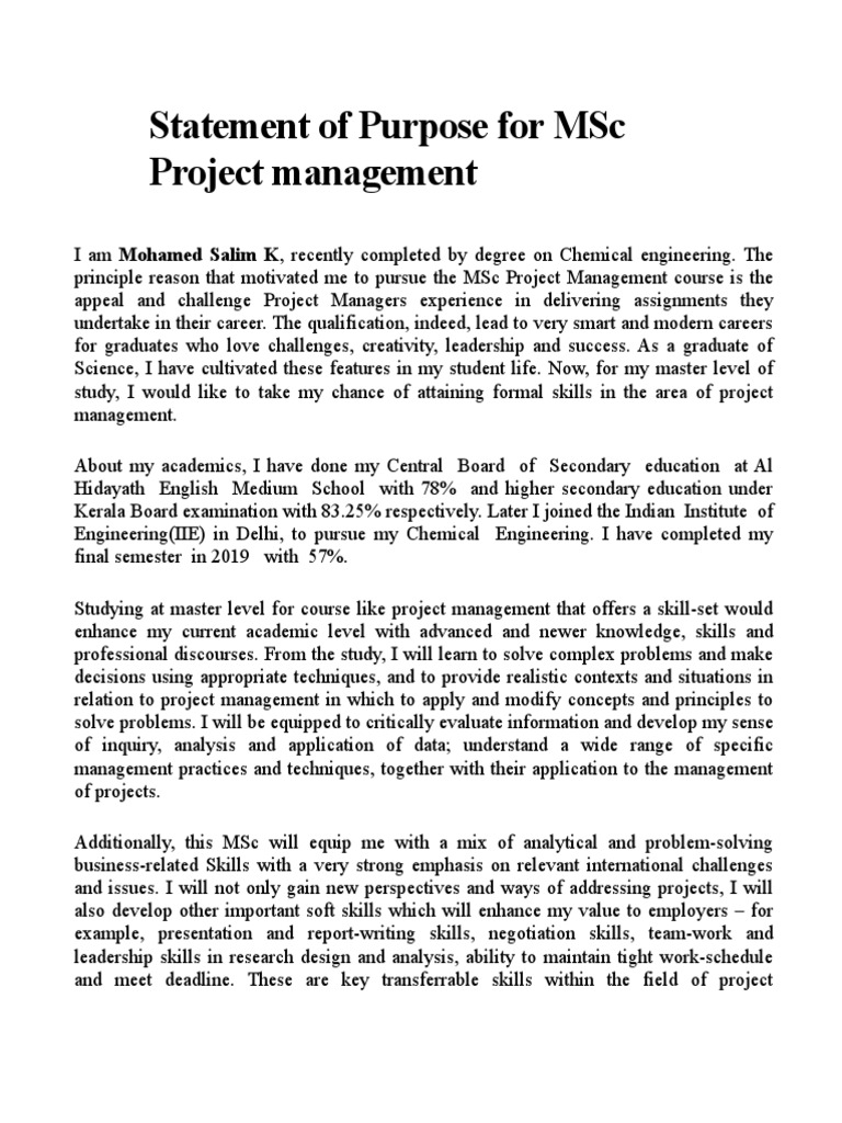 Statement of Purpose Mba | PDF | Project Management | Master's Degree