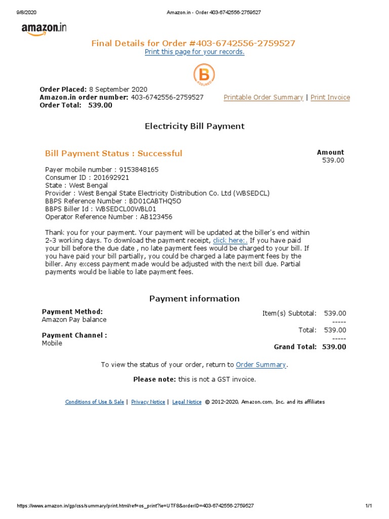 Amazon Pay Electricity Bill Payment Summary | PDF | Payments | Invoice