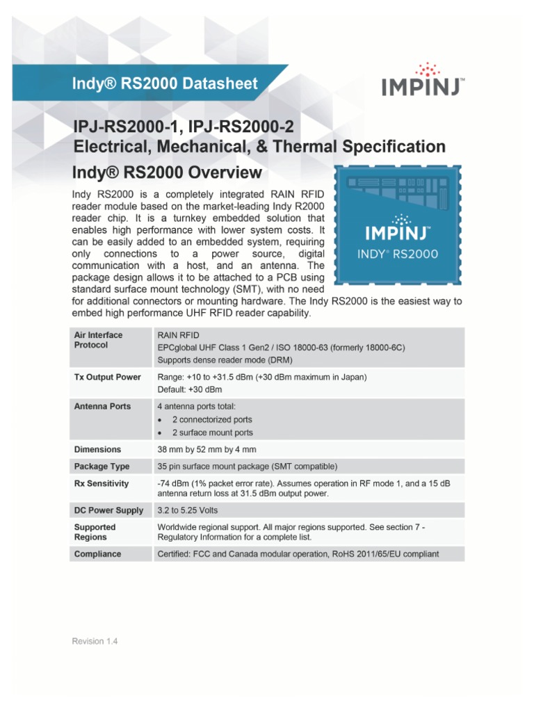 ATLAS Impinj Indy RS2000 RFID Reader Module Data Sheet | PDF