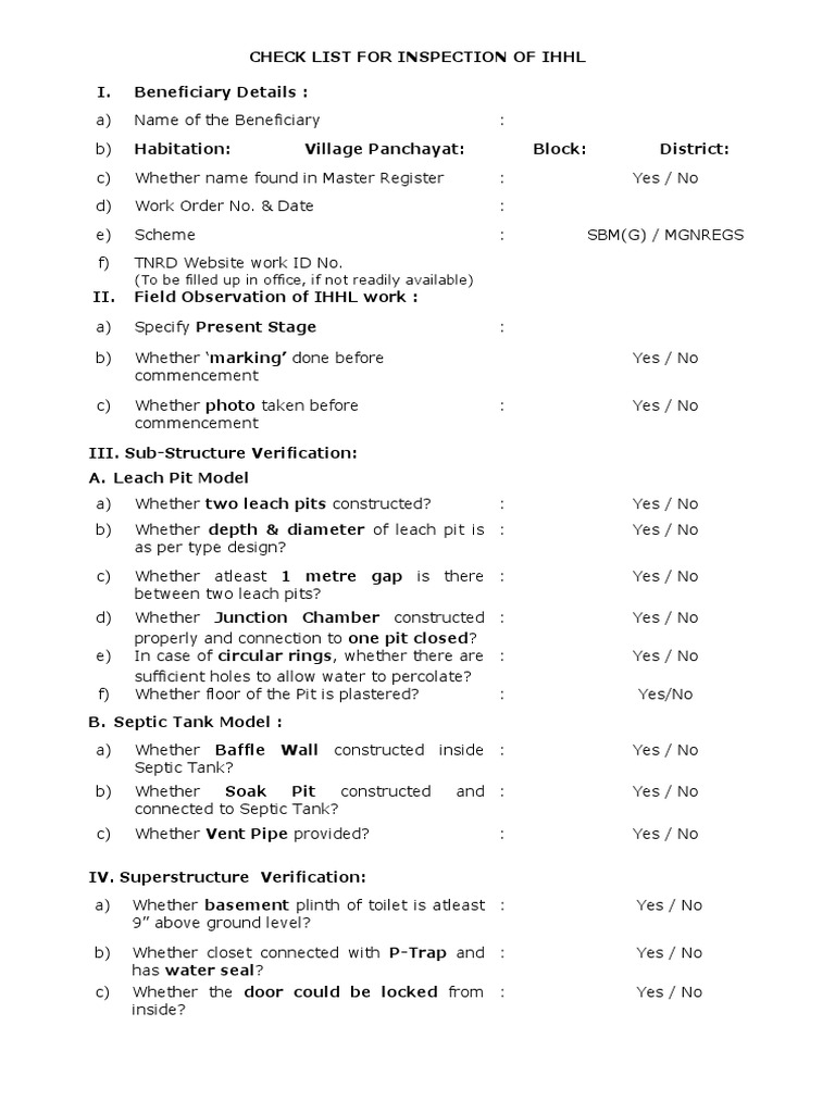 Check List For Inspection of IHHL - English | Download Free PDF ...