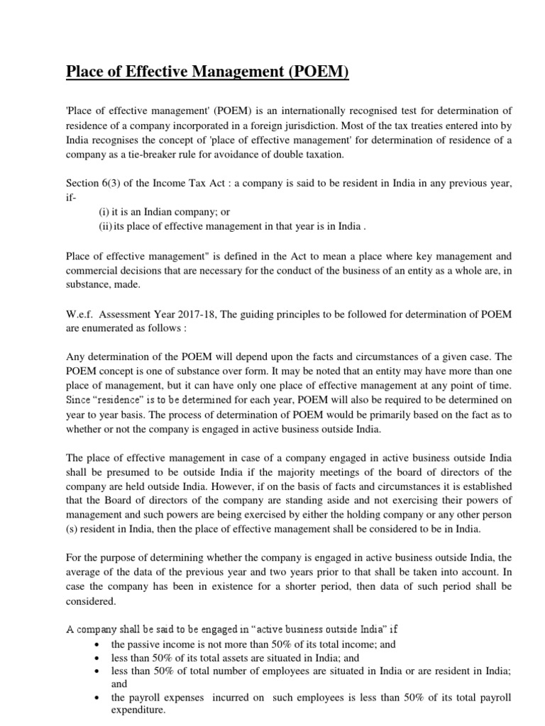 Place of Effective Management (POEM) | PDF | Tax Treaty | Employment