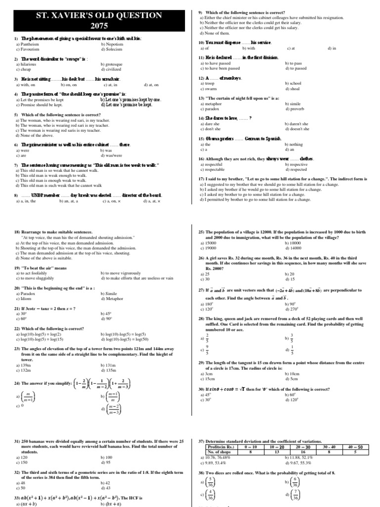 +2 Science Entrance Model Questions 2075 (St. Xaviers) | PDF ...
