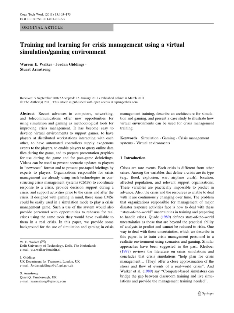 Training and Learning For Crisis Management Using A Virtual Simulation ...