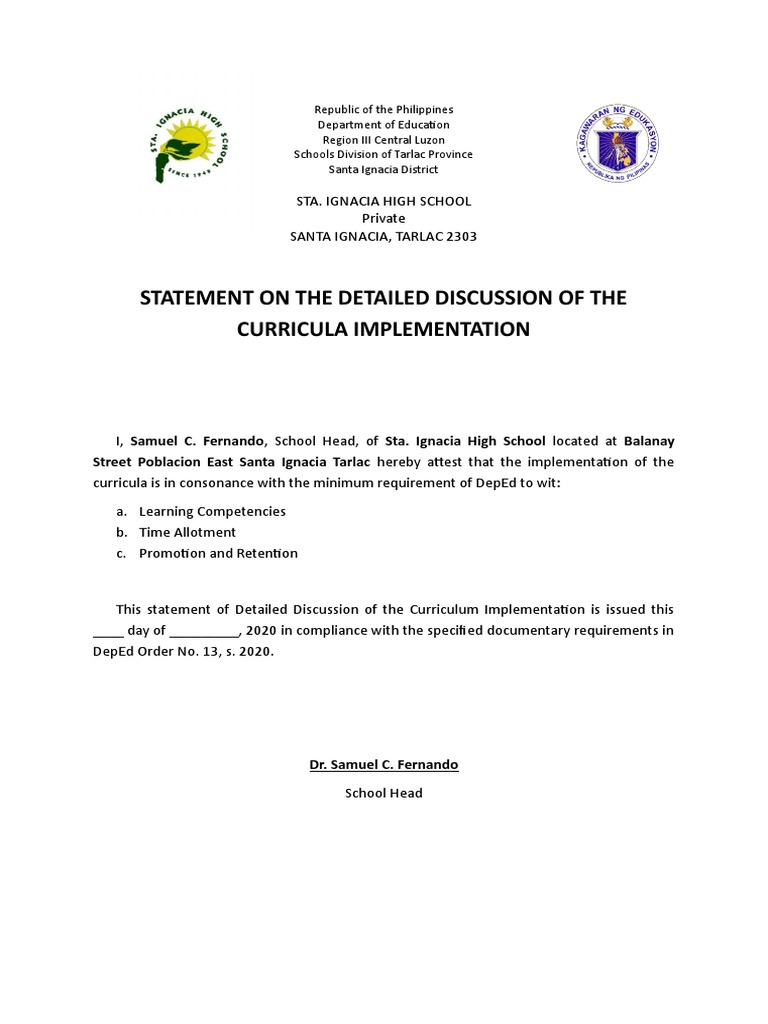 Statement On The Detailed Discussion of The Curricula Implementation | PDF