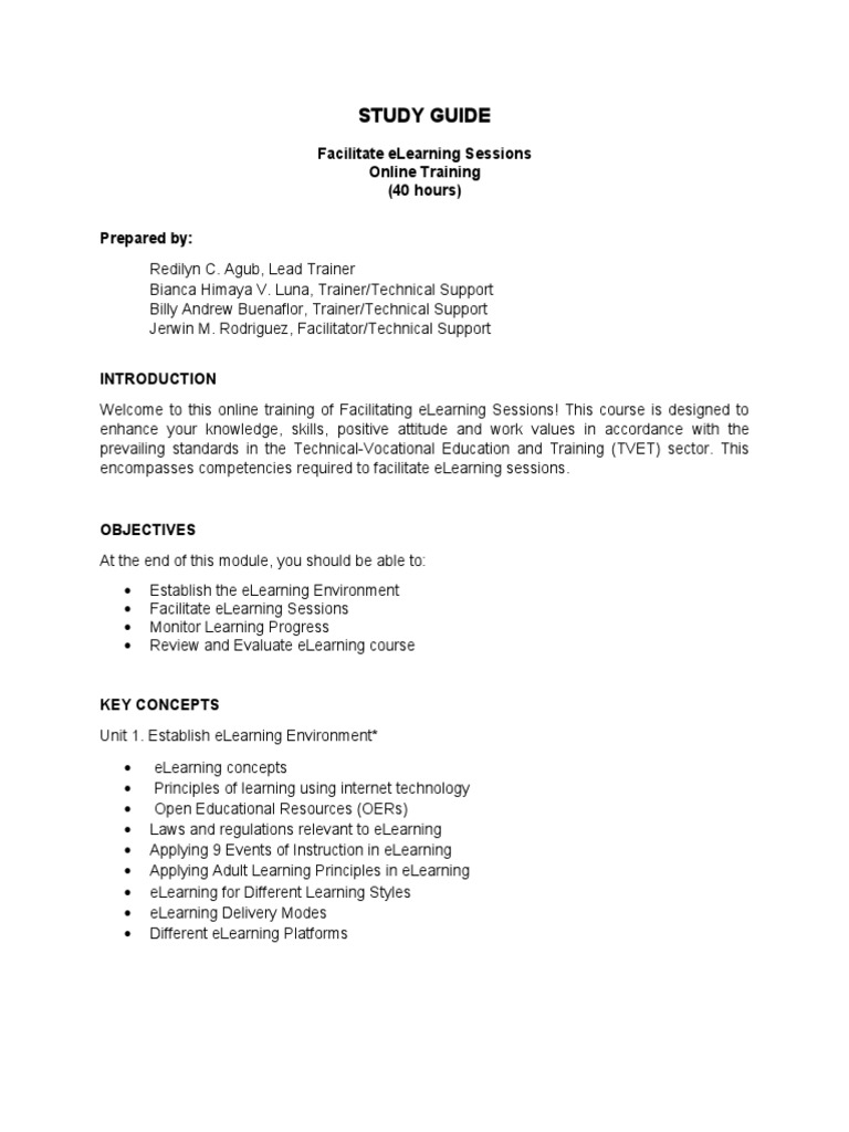 Study Guide: Facilitate Elearning Sessions Online Training (40 Hours ...