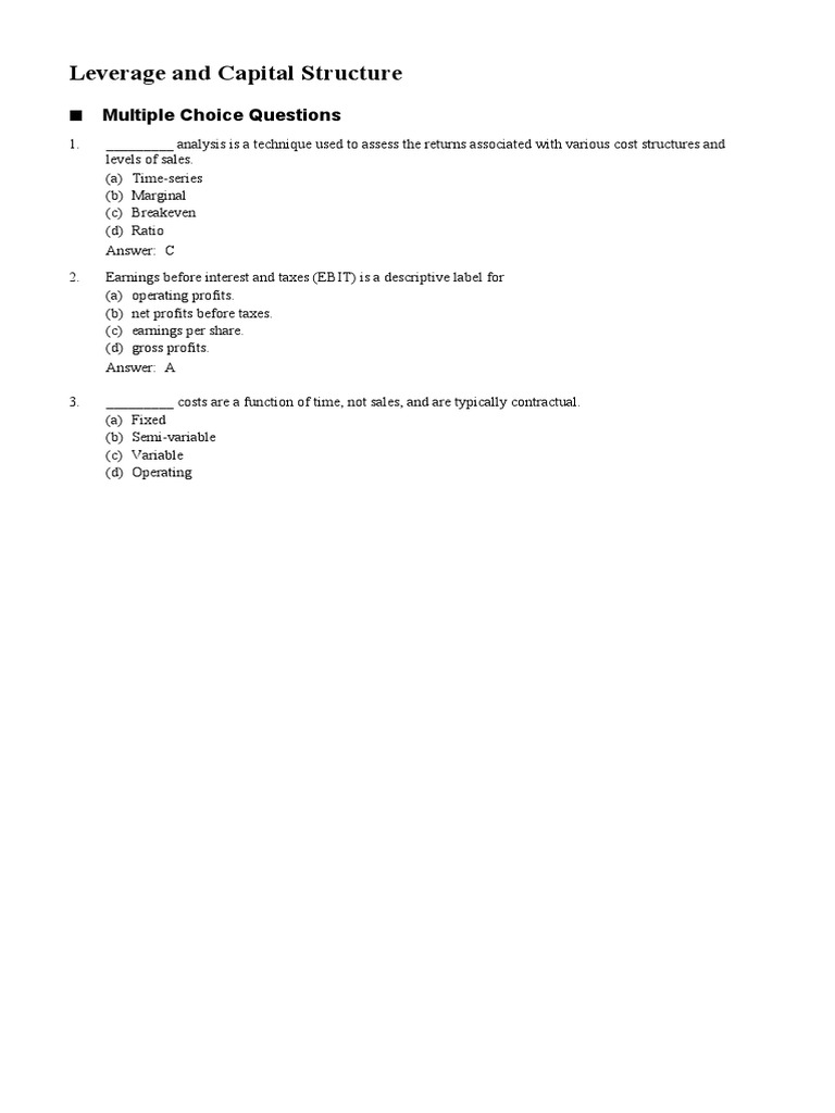 Leverage and Capital Structure: Multiple Choice Questions | PDF | Capital Structure | Cost Of ...