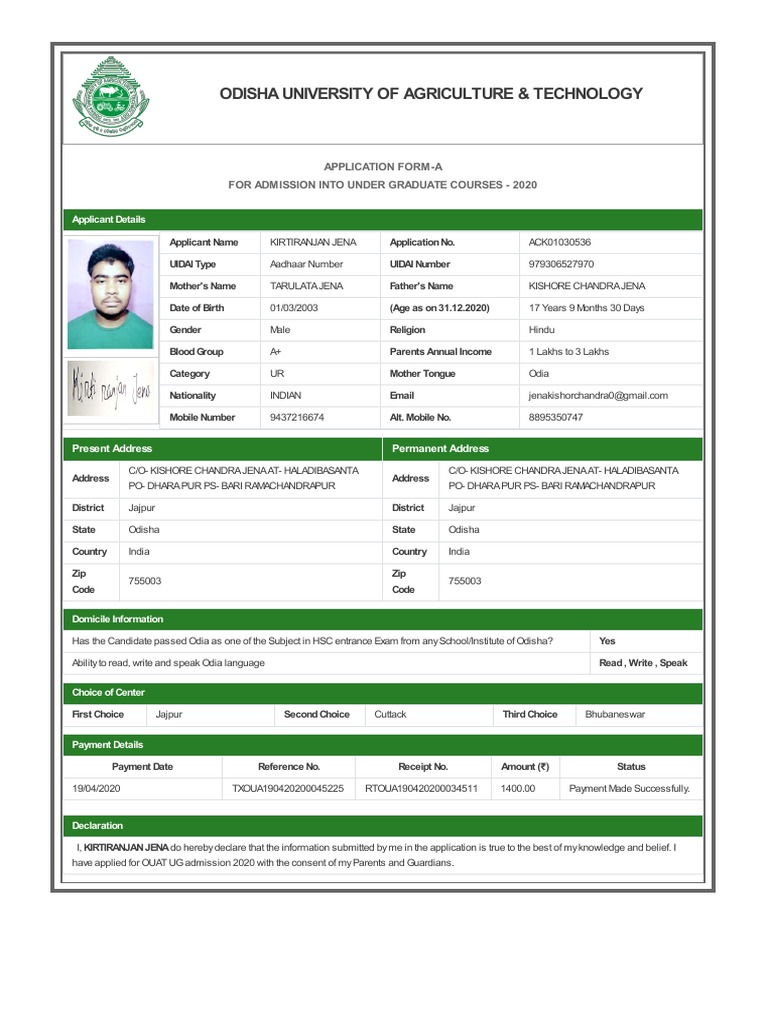 Application for Admission to the Undergraduate Program at Odisha ...