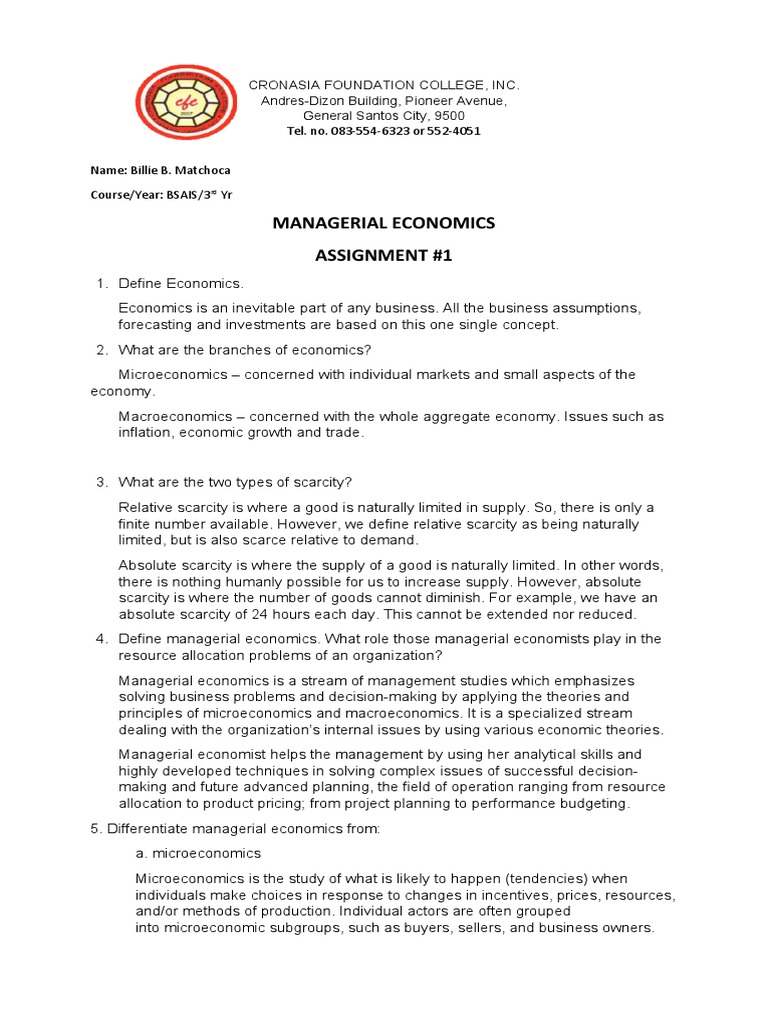 Managerial Economics Assignment #1 | PDF | Microeconomics | Economics