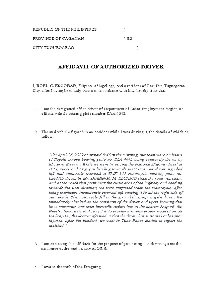 Authorized Driver Affidavit for Accident | PDF | Affidavit | Land Transport