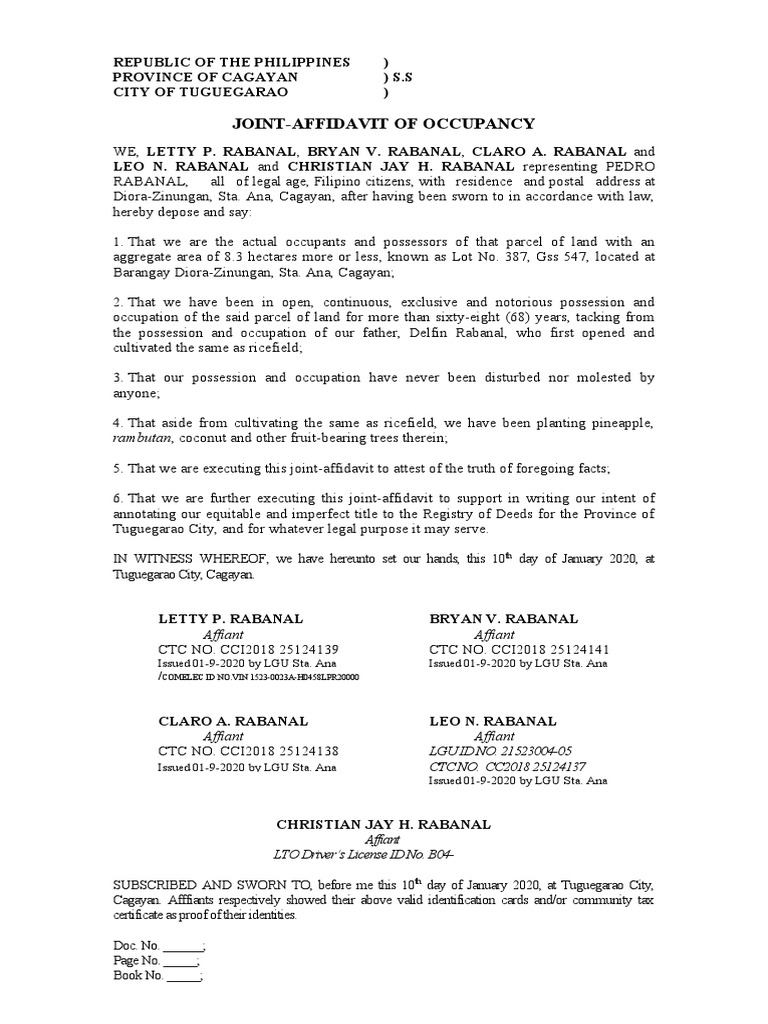 Affidavit of Occupancy | PDF | Affidavit | Civil Law (Common Law)
