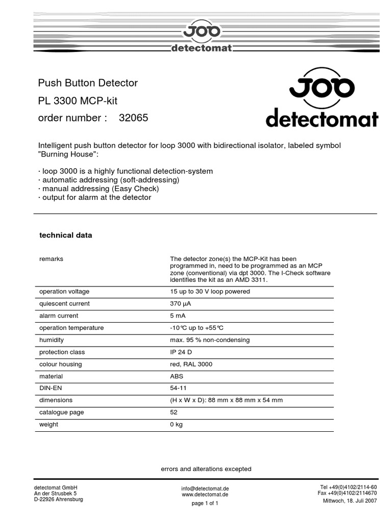 Buton de Incendiu Adresabil Detectomat PL 3300 MCP-kit | PDF