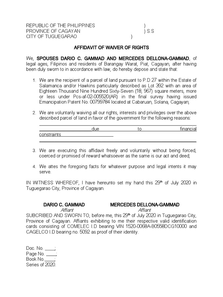 Affidavit of Waiver-DAR Title | PDF
