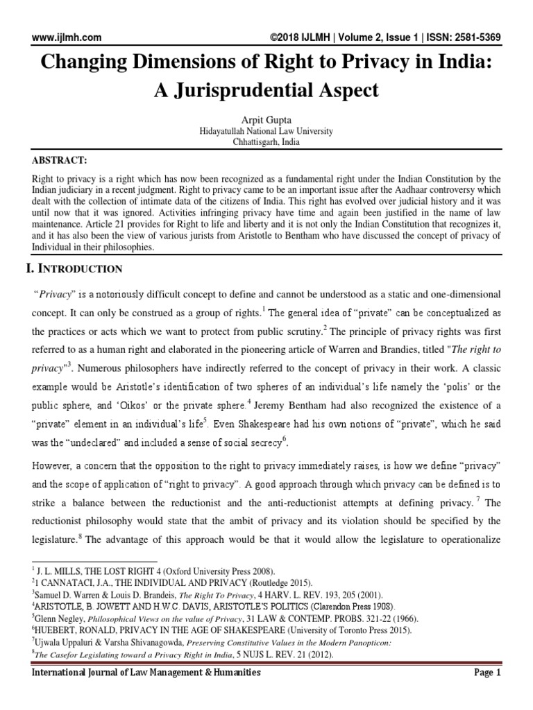 Changing Dimensions of Right To Privacy in India A Jurisprudential ...