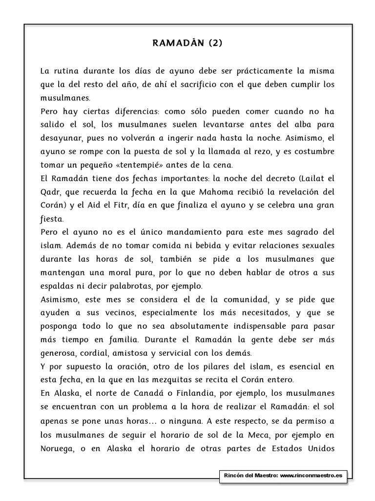 Lectura Comprensiva Ramadán 2 | PDF | Ramadán | Rápido
