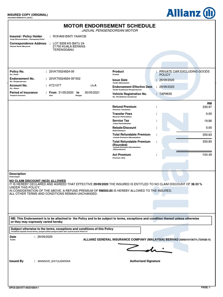 Motor Endorsement Schedule | Download Free PDF | Insurance | Business Law