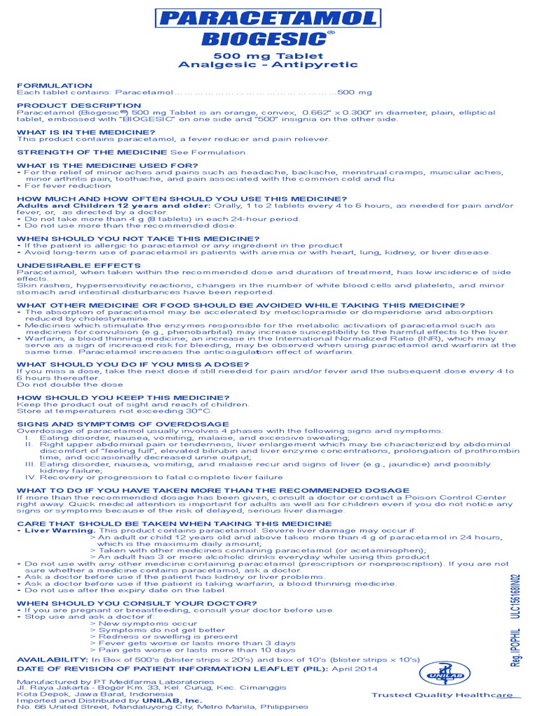 500 MG Tablet Analgesic - Antipyretic: Unilab | PDF | Dose ...