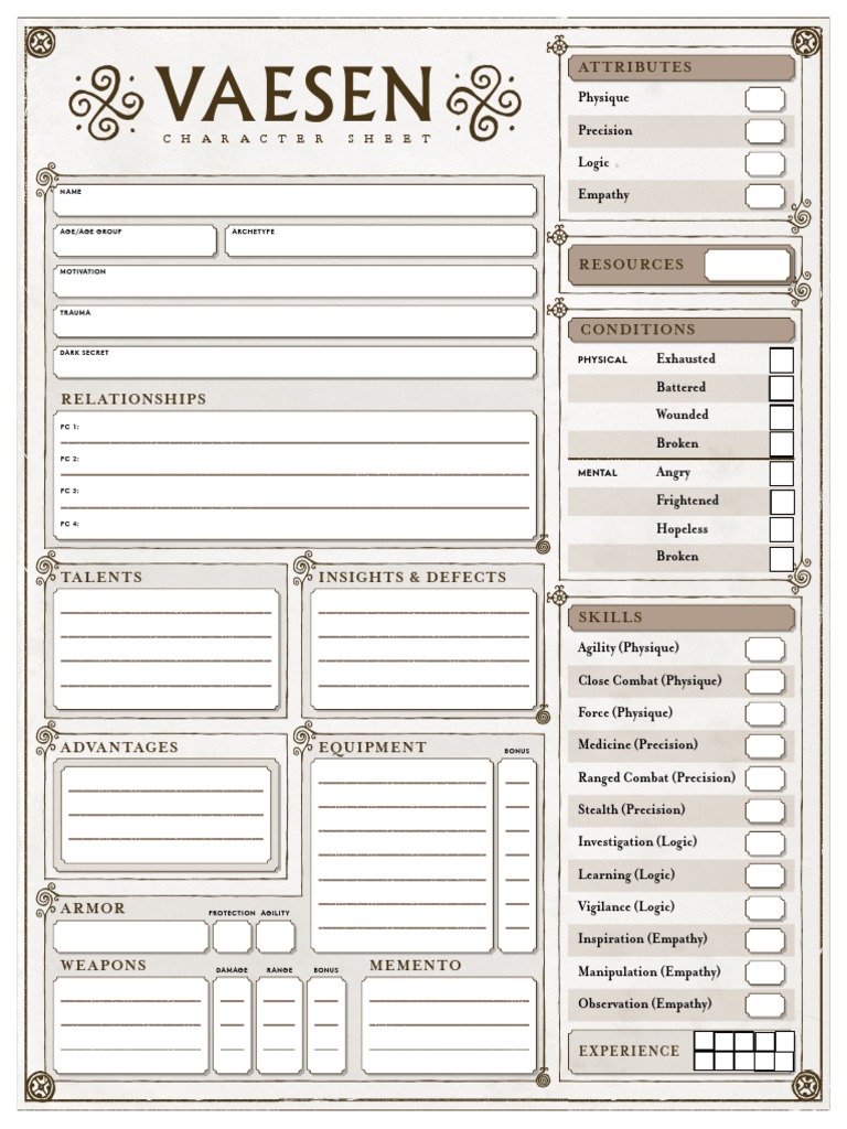 Vaesen Character Sheet Fillable PDF | PDF | Cognitive Science ...