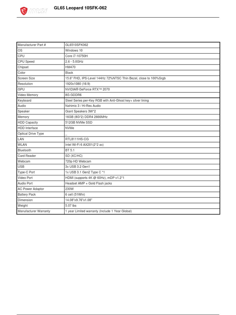 MSI GL65 Leopard 10SFK-062 PDF | PDF | Usb | Hdmi