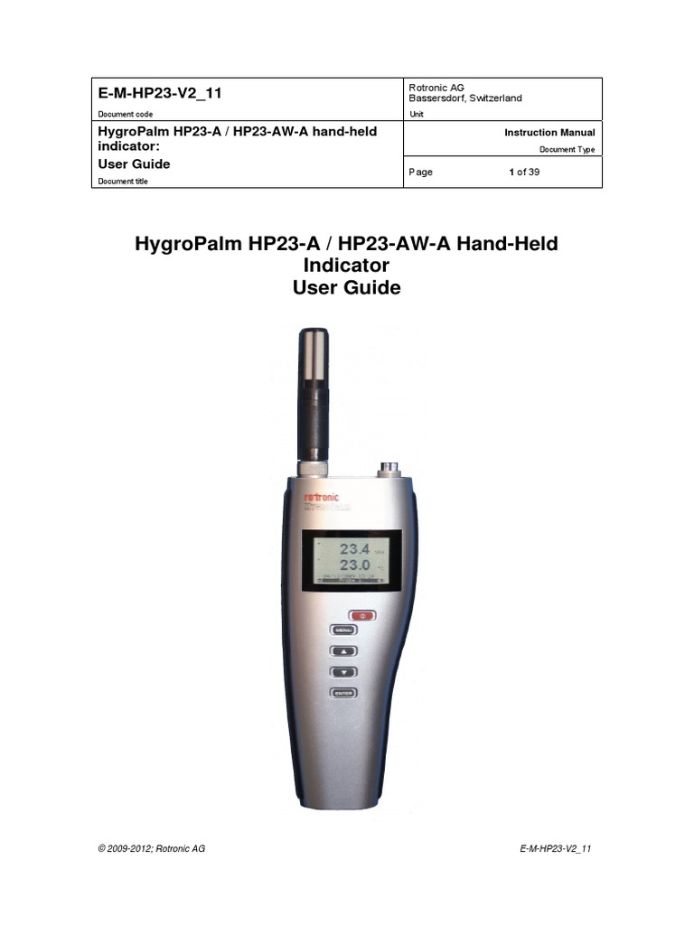 Hygropalm Hp23-A / Hp23-Aw-A Hand-Held Indicator User Guide: E-M-Hp23 ...