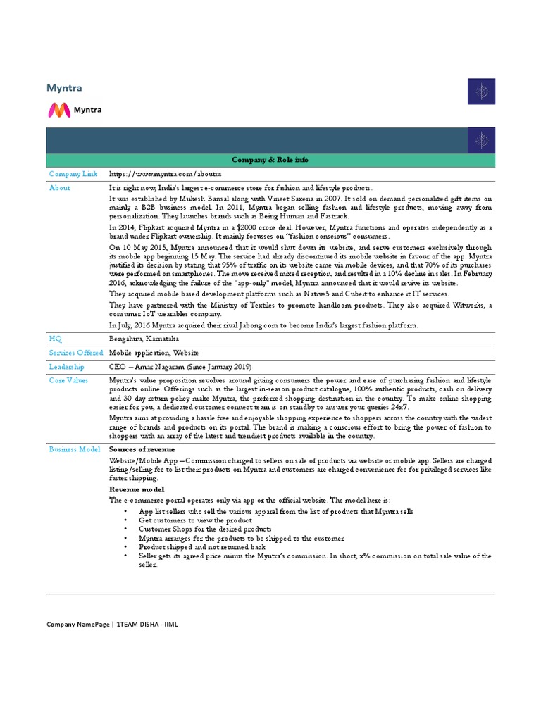 Myntra: Company & Role Info | PDF | E Commerce | Business