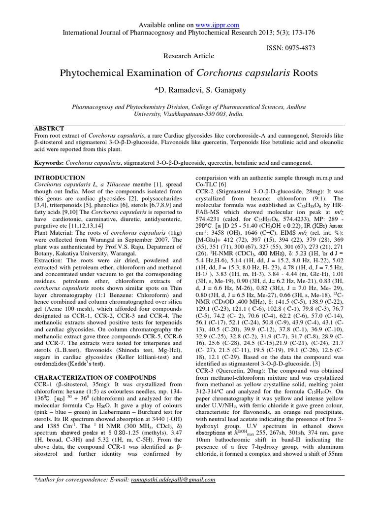 Phytochemical Study of Corchorus capsularis Roots | PDF | Proton ...