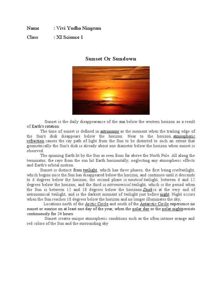 Sunset or Sundown: Name: Vivi Yudha Ningrum Class: XI Science 1 | PDF