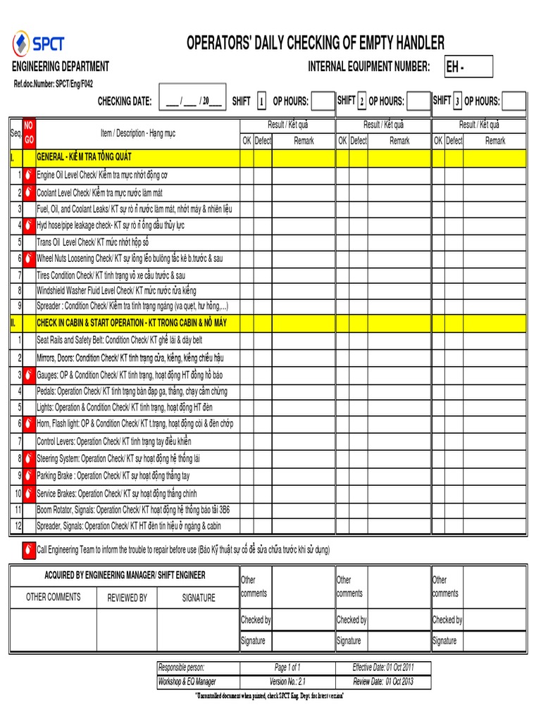 F042 - EQ Technical Daily Check - Operator - EH Ver 2.1 | PDF