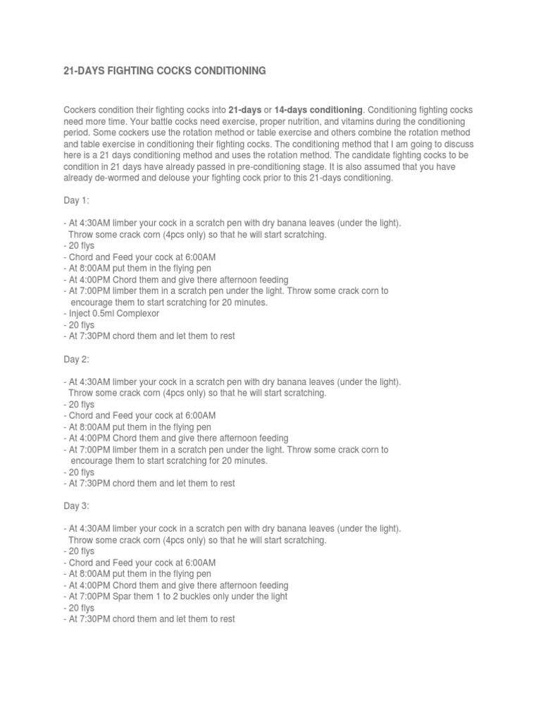 21-Day Conditioning for Fighting Cocks | PDF | Nutrition | Diet & Nutrition