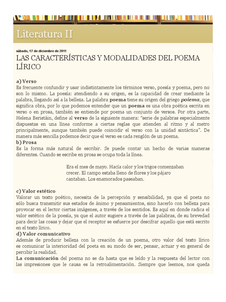 Literatura II - LAS CARACTERÍSTICAS Y MODALIDADES DEL POEMA LÍRICO ...