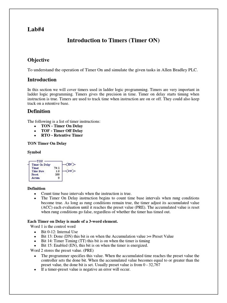 Lab#4 Introduction To Timers (Timer ON) : Objective | PDF | Timer | Programmable Logic Controller