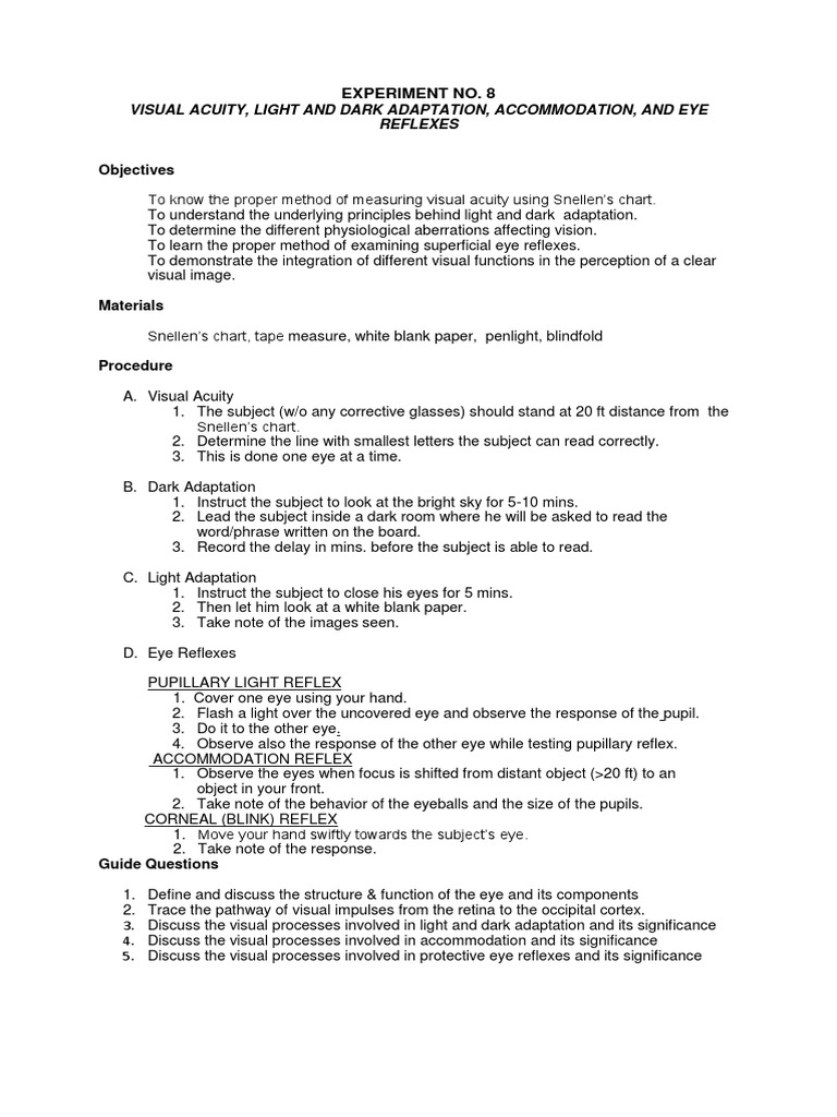 Worksheet 8 - VISUAL ACUITY, LIGHT AND DARK ADAPTATION, ACCOMMODATION ...