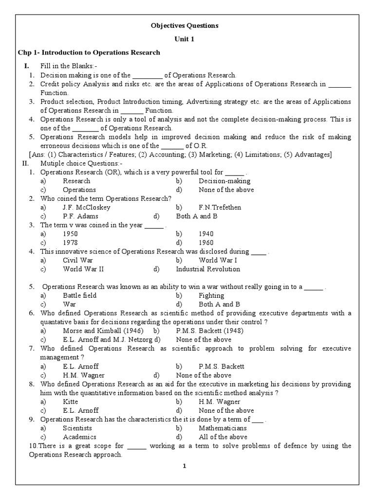 Understanding Key Concepts of Operations Research through Objective Questions | PDF ...