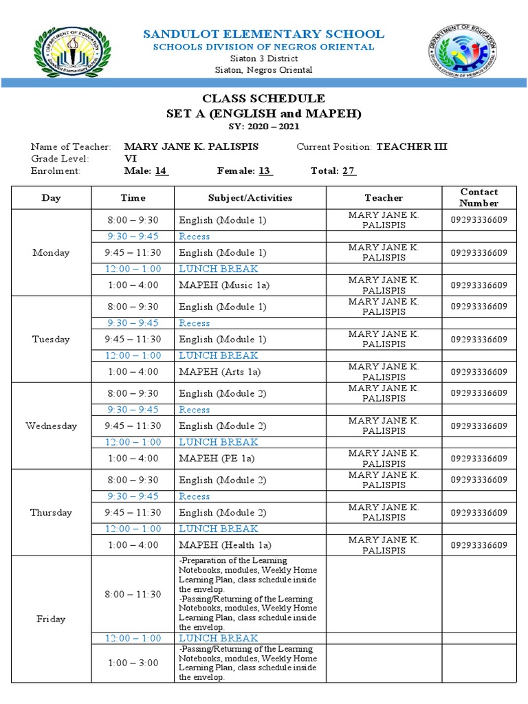 Class Schedule Set A (English and Mapeh) : Sandulot Elementary School ...