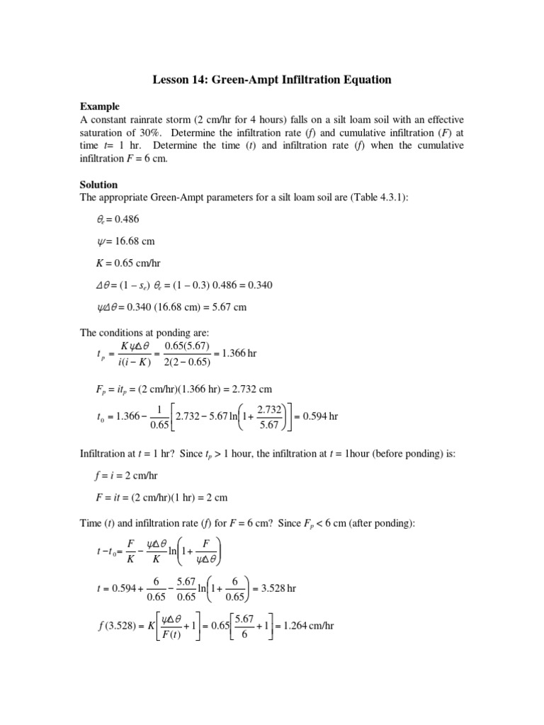 Lesson 14: Green-Ampt Infiltration Equation: Example | PDF